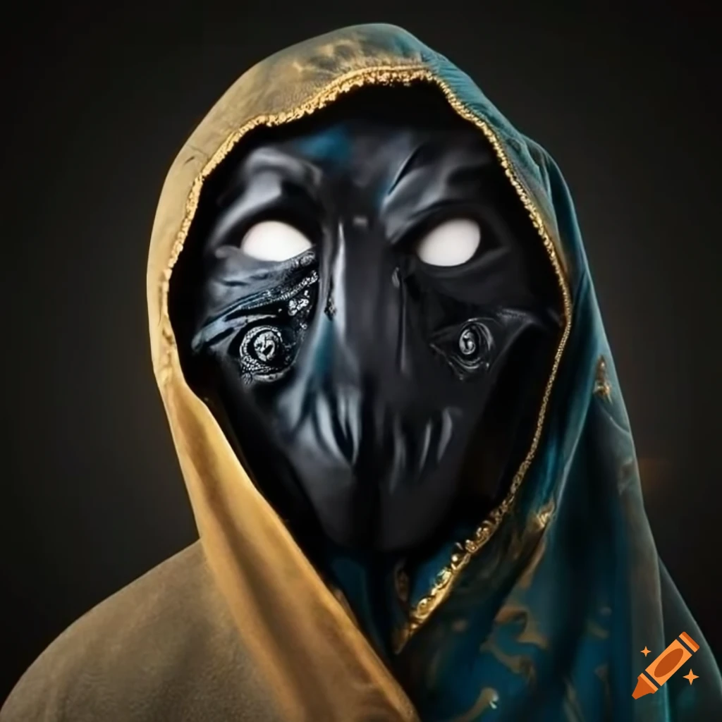 Black mask with gold trim and sharp teeth design with a blue robe hood ...