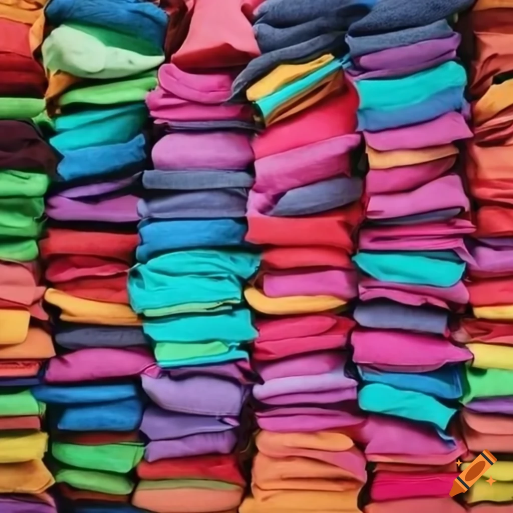 Neatly stacked colorful t-shirts on Craiyon