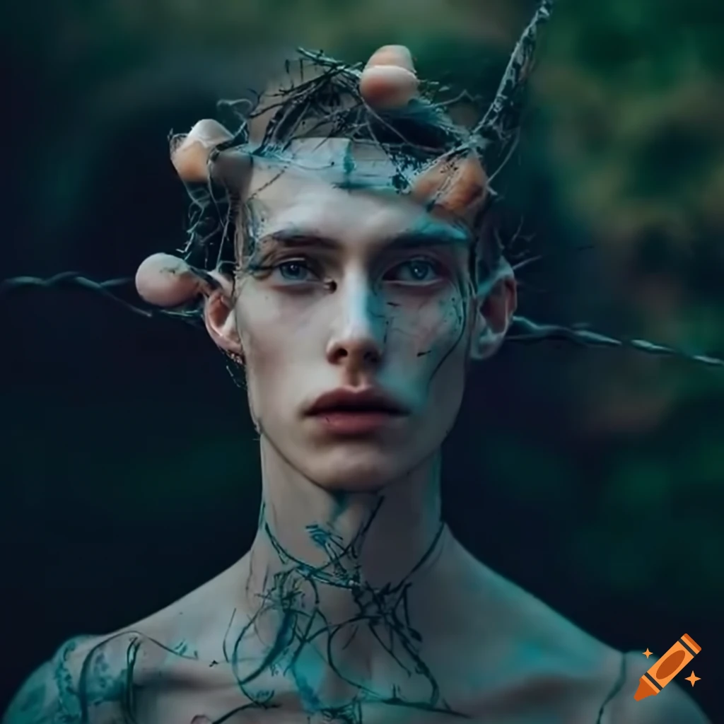 Surreal image of a skinny man in a garden of psychedelic giant barbed ...