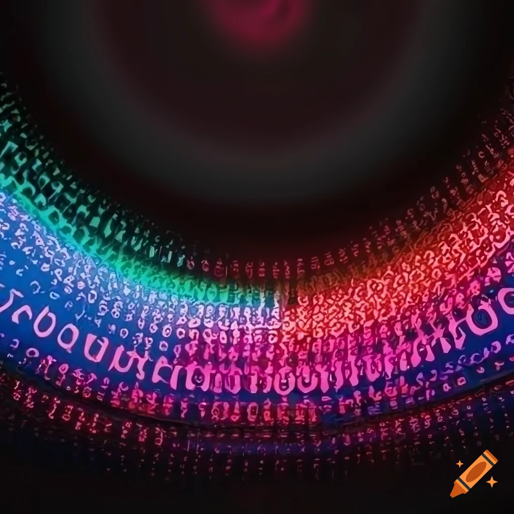 Cascading binary numbers in neon colors on a dark background on Craiyon