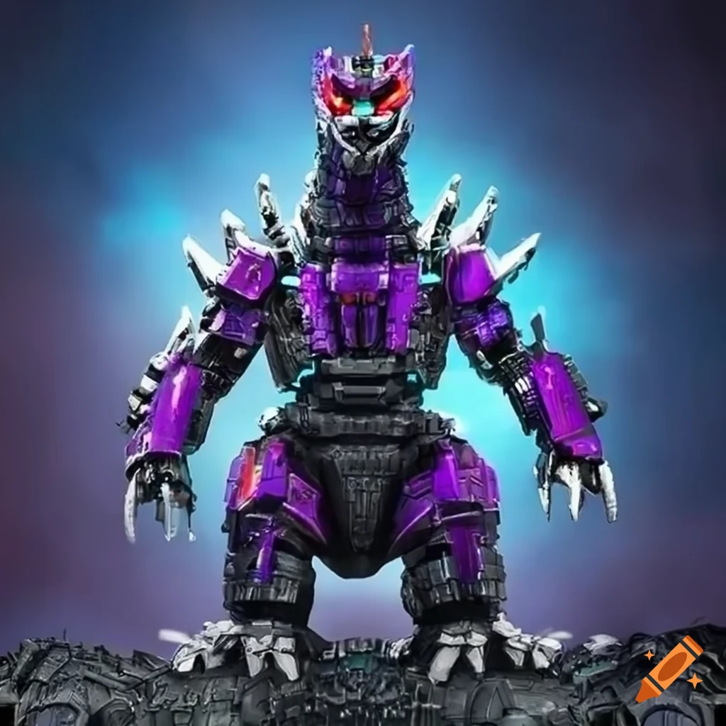 Cyber Alien MechaGodzilla in blue, purple, and red colors on Craiyon