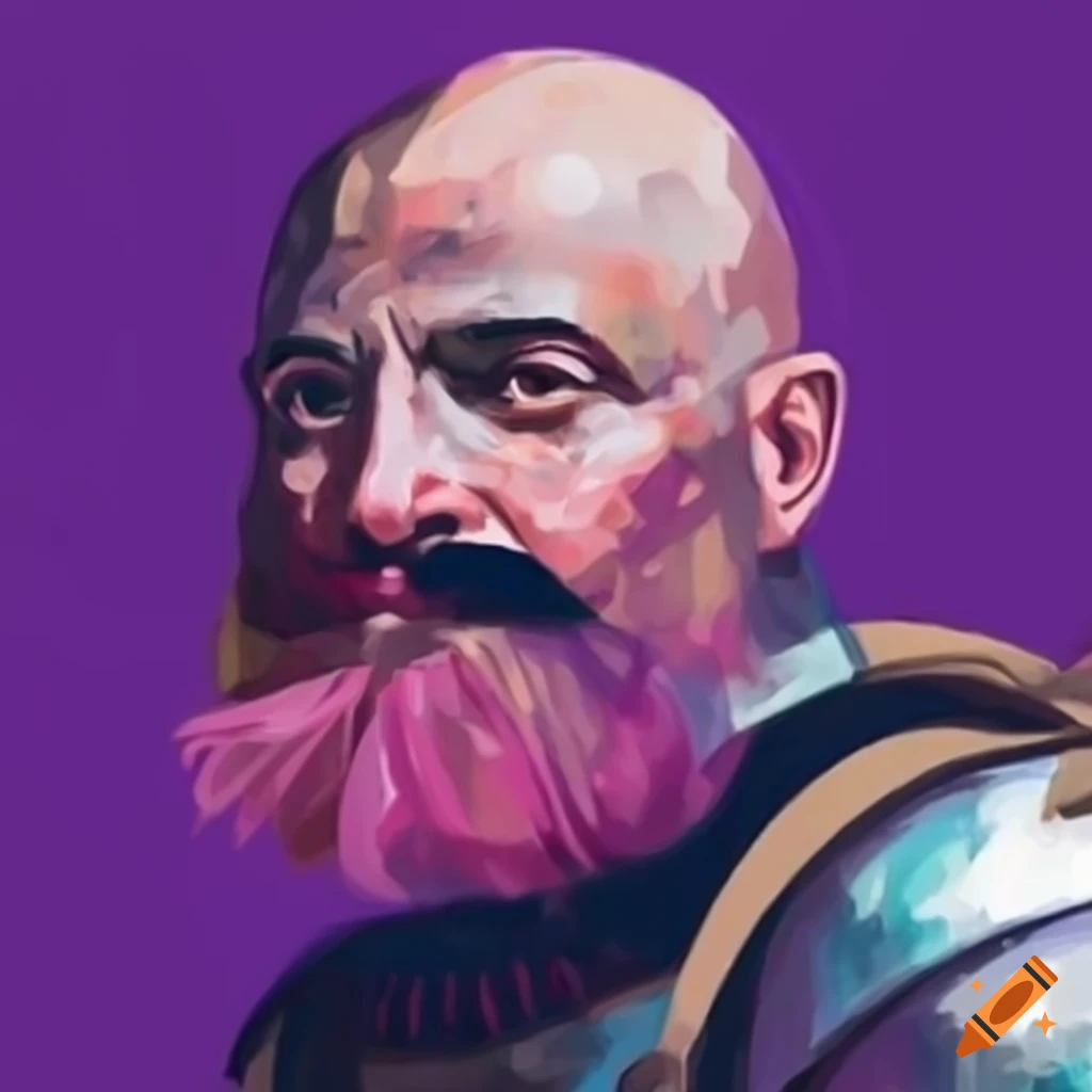 Medieval knight with bald head and fancy mustache in violet theme on ...