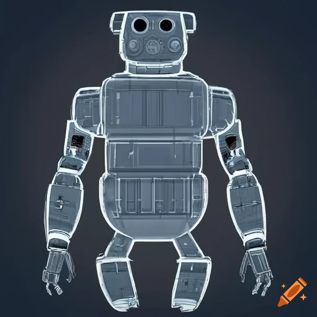 Detailed blueprint of a large grey robot designed like an ape on Craiyon