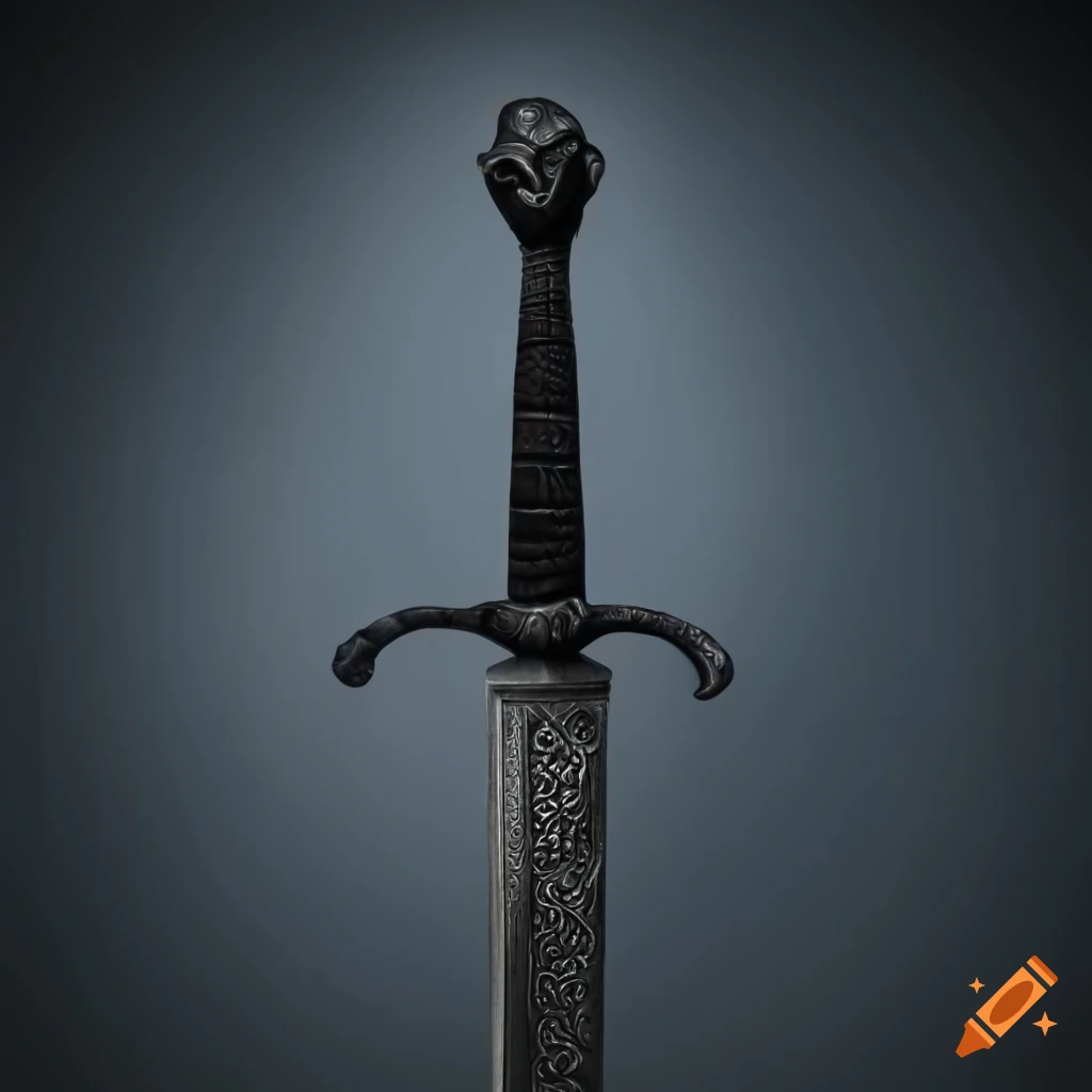 Longsword with dark blade and wing-carved hilt featuring a raven head ...