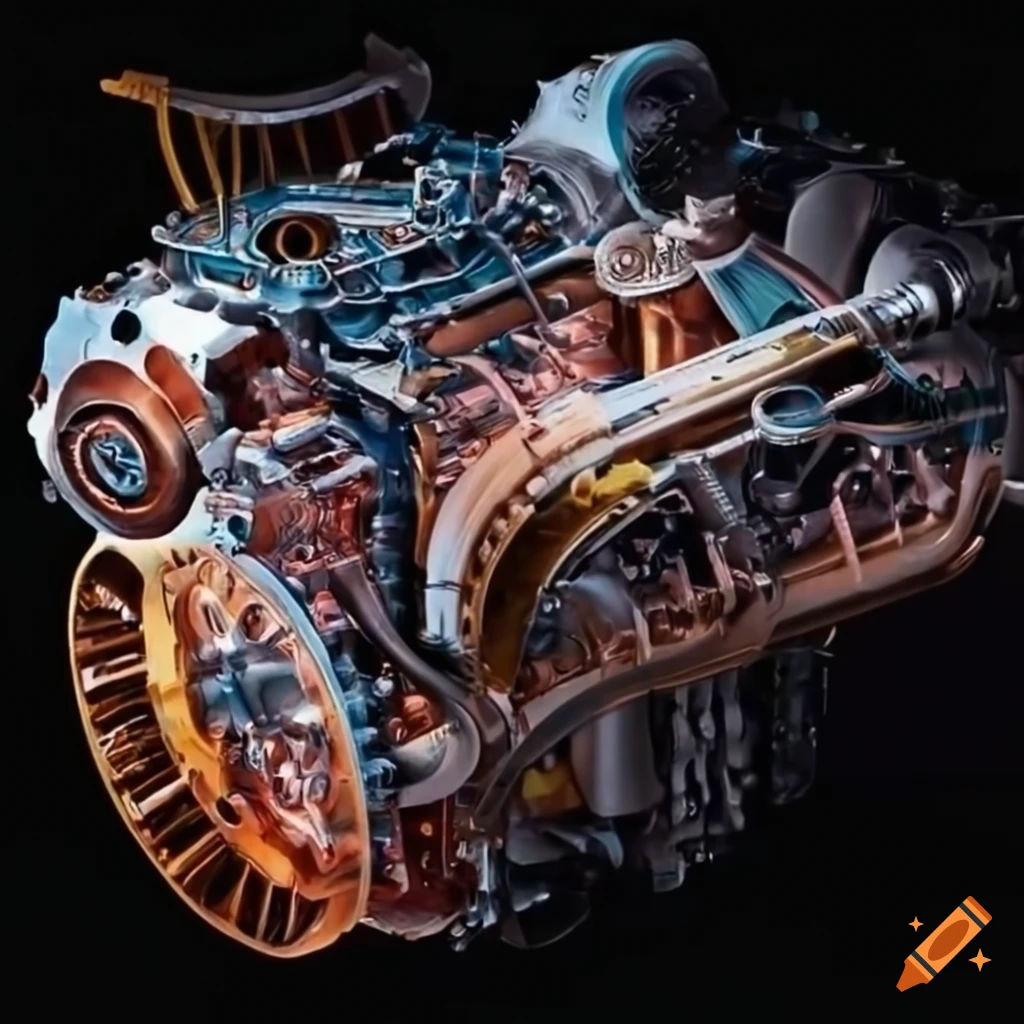 Cutaway view of a complex combustion engine on Craiyon