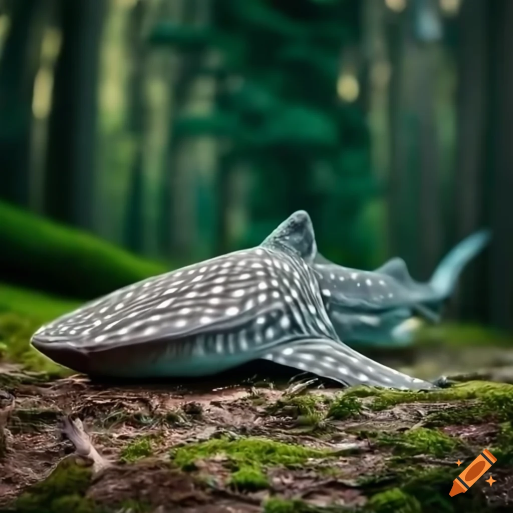 Whale-shark with legs in a mossy forest on Craiyon