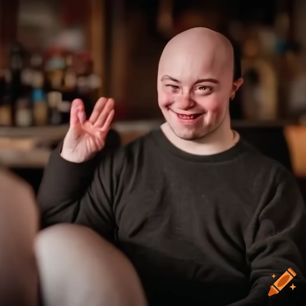 Smiling man with down's syndrome in a white sweatshirt at a cozy bar on ...