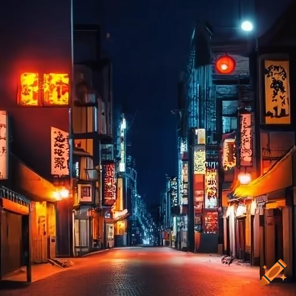 Night time view of japanese countryside town with orange lights on Craiyon
