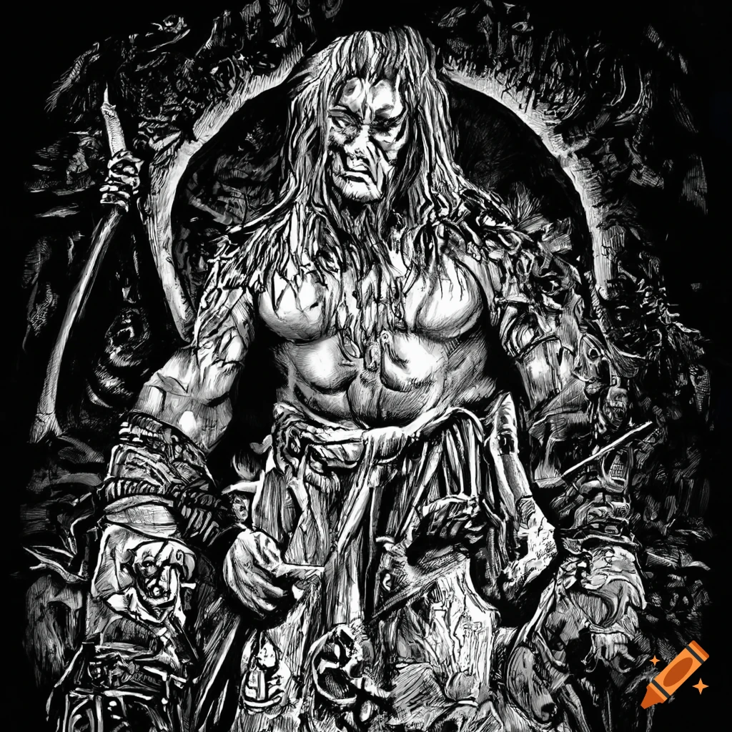 Black and white sword and sorcery pulp art with concerned individuals ...