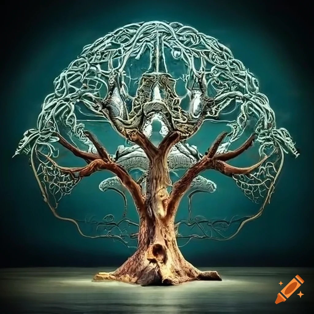 Scales of justice crafted from the yggdrasil tree on Craiyon