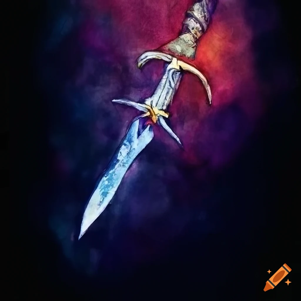 Fantasy dagger in watercolor and ink with misty background on Craiyon