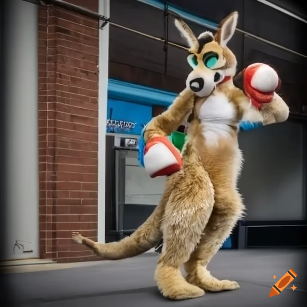 Female employee in kangaroo mascot fursuit with boxing gloves on Craiyon