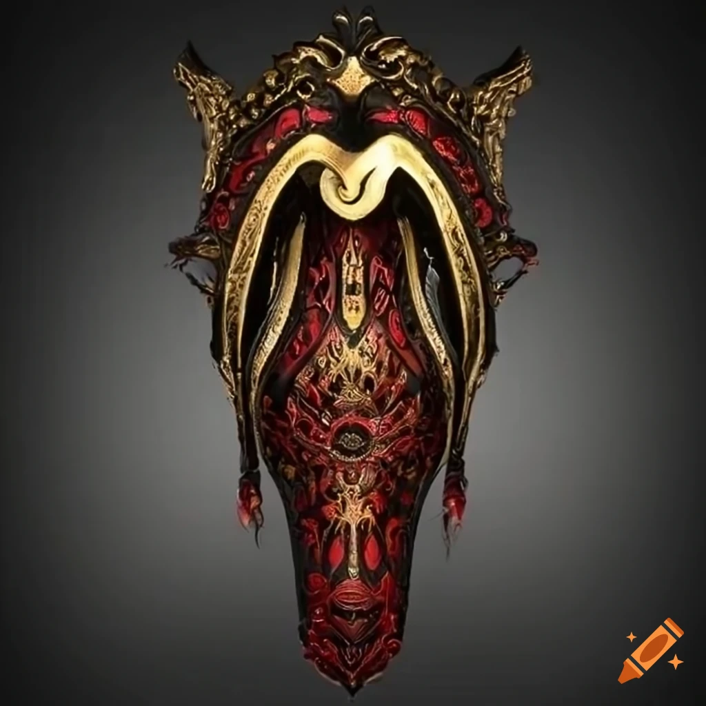 Intricate black, gold, and red arm armor design on Craiyon