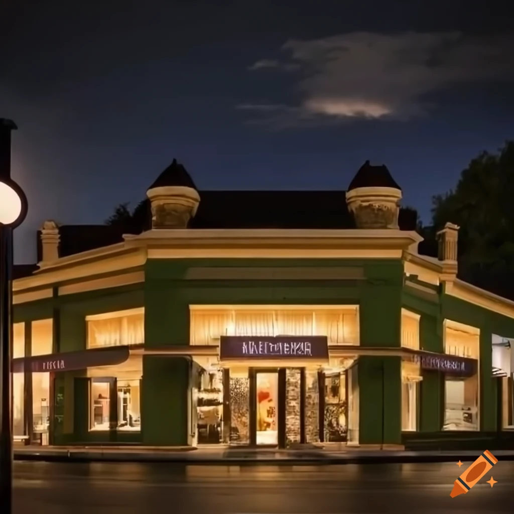 Elegant restaurant in a suburban strip mall dimly lit by moonlight on ...