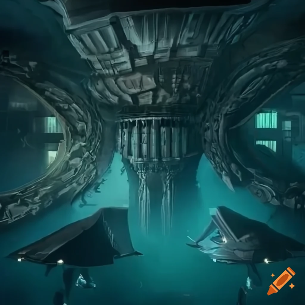 Underwater living base with futuristic tall ships and towering metal ...