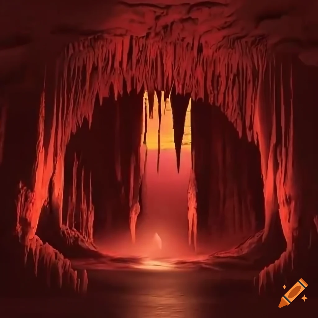Cave entrance with stalectites resembling teeth and bloody red rock ...