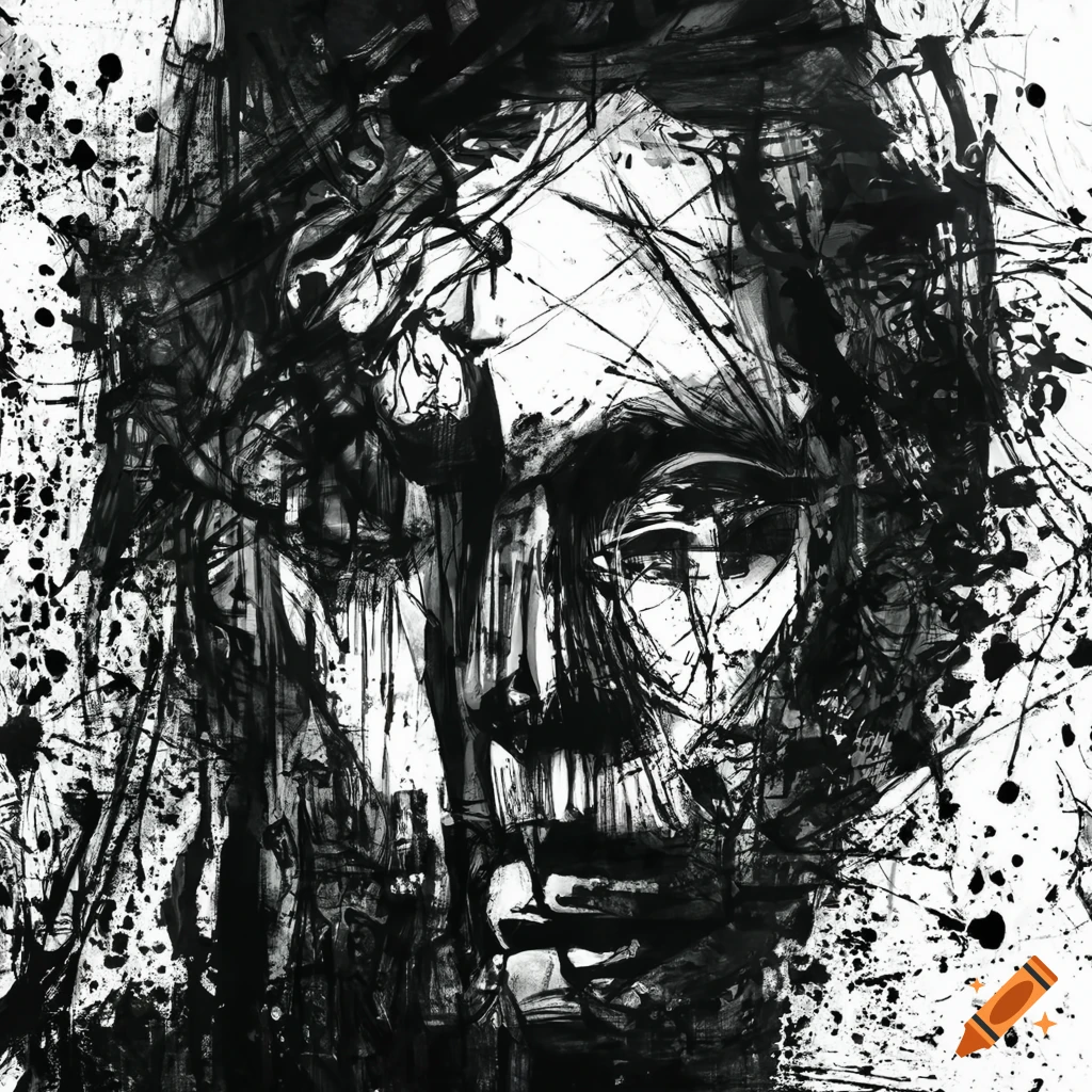 Abstract black and white splatter portrait art by Yoji Shinkawa on ...