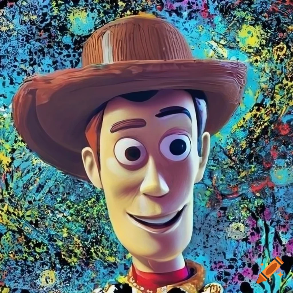 Vibrant neon-colored Woody from Toy Story in splatter-paint style on ...