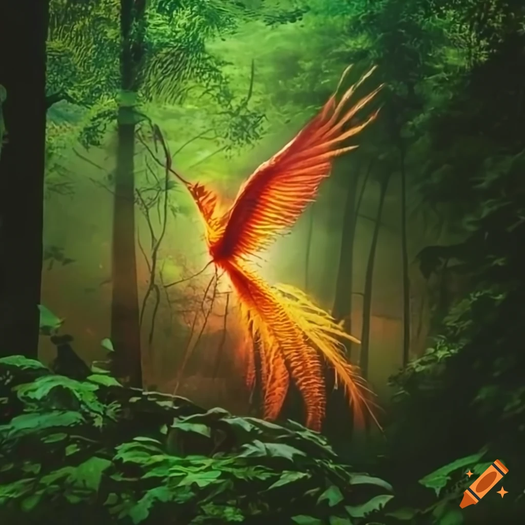 Phoenix rising through lush green foliage towards the sky on Craiyon