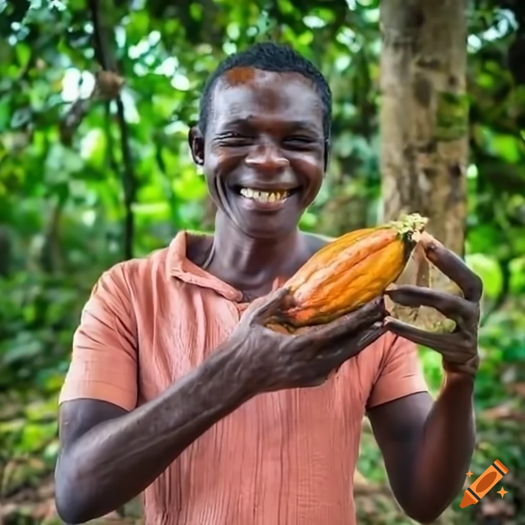 Smiling cocoa farmer with a cocoa pod in a forest on Craiyon