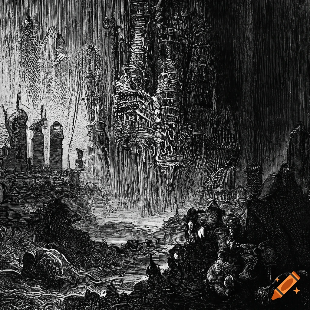 Ink drawing of a colossal city underwater in gustave dore style on Craiyon