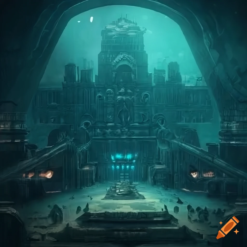 Futuristic underwater base with ancient infrastructure, elevator, and ...
