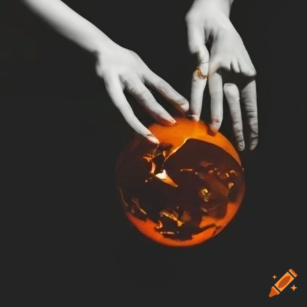 Hand reaching for shattered orange crystal ball with bleeding shadow on ...