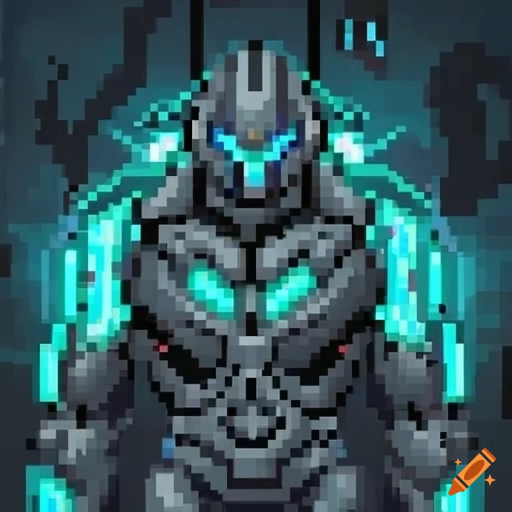 Pixel art of neon zetman, ultron, and hulkbuster on Craiyon