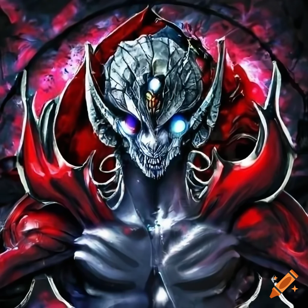 Stained glass art of devil jin, zetman, and ultron on Craiyon