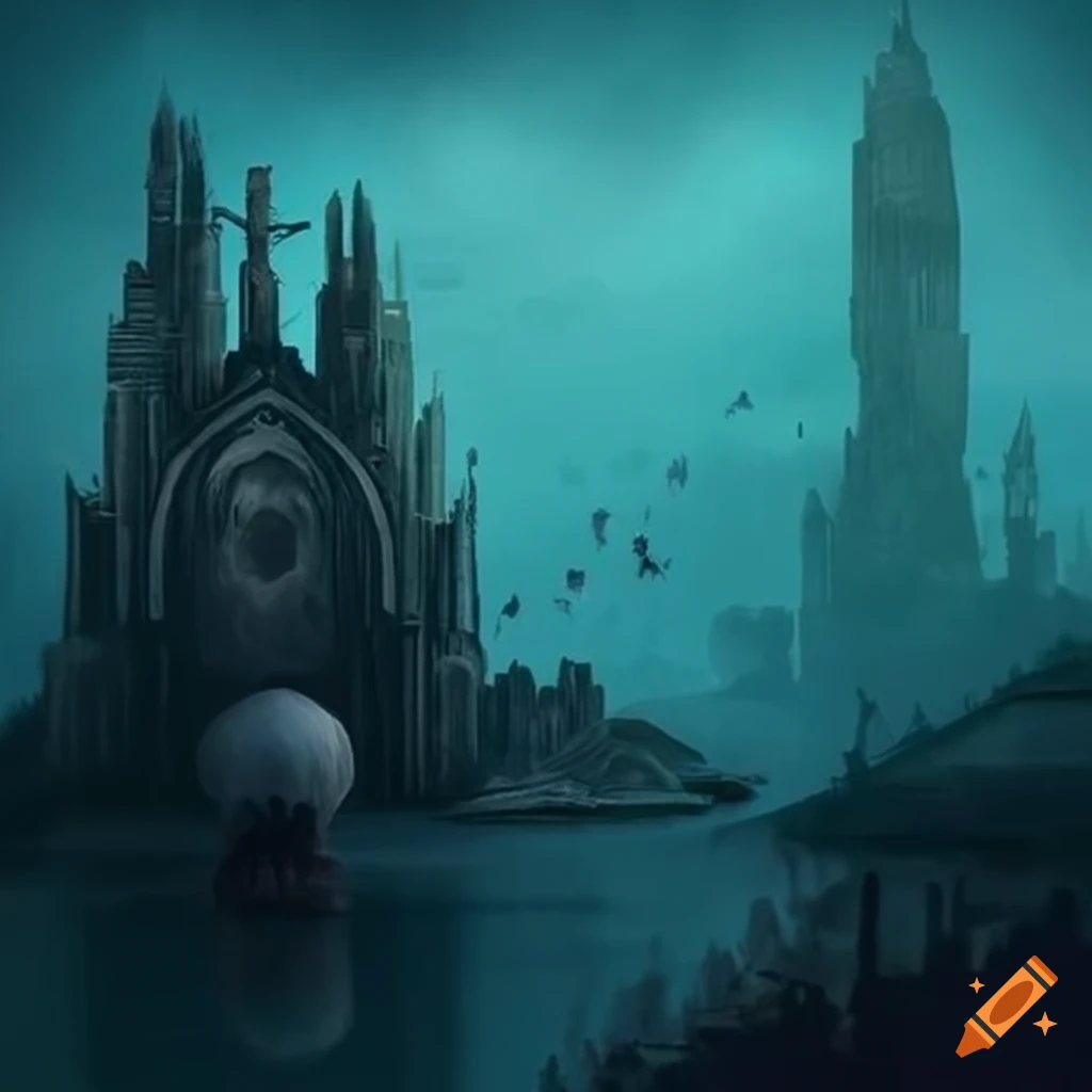 Ethereal creatures in the city of the dead in a fantasy landscape on ...
