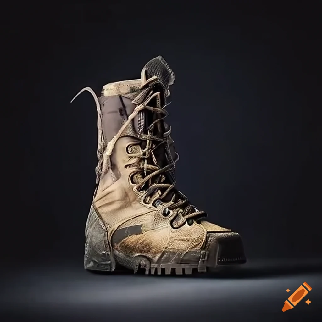 Extreme war zone with combat boots and a skate shoe on Craiyon