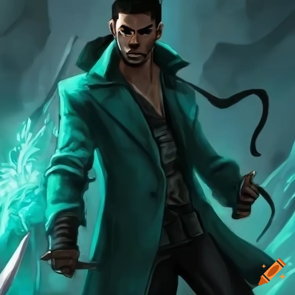 Hispanic male rogue with spikey black hair and teal coat carrying a ...