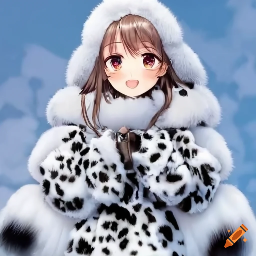 Adorable anime girl in white and black leopard print fox fur snow suit ...