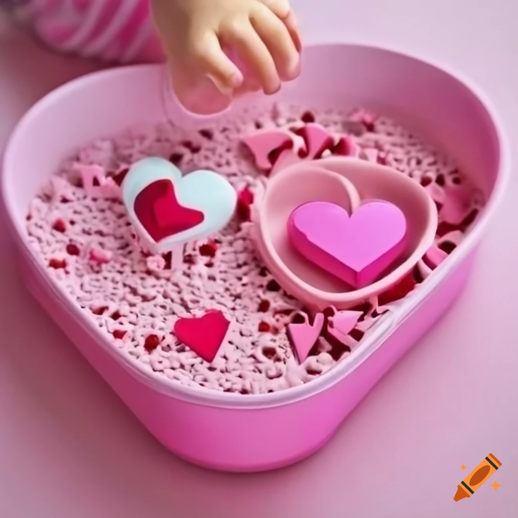 Pink sensory bin with hearts on Craiyon