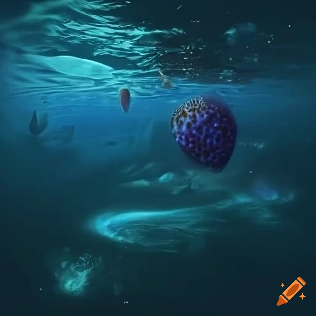 Swirling sea creatures in a mysterious ocean landscape with a ...
