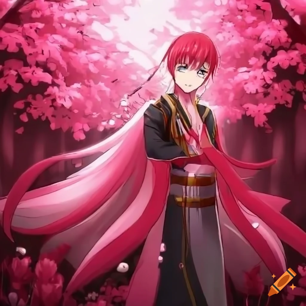 Anime prince with flowing pink hair in a pink forest of flowers on Craiyon