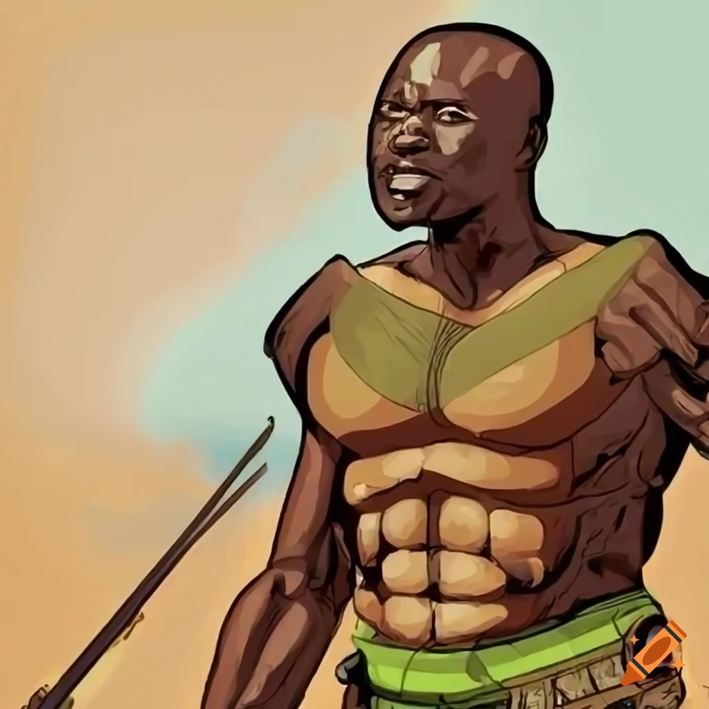 Armored and strong kenyan man standing beneath a cliff in a comic style ...