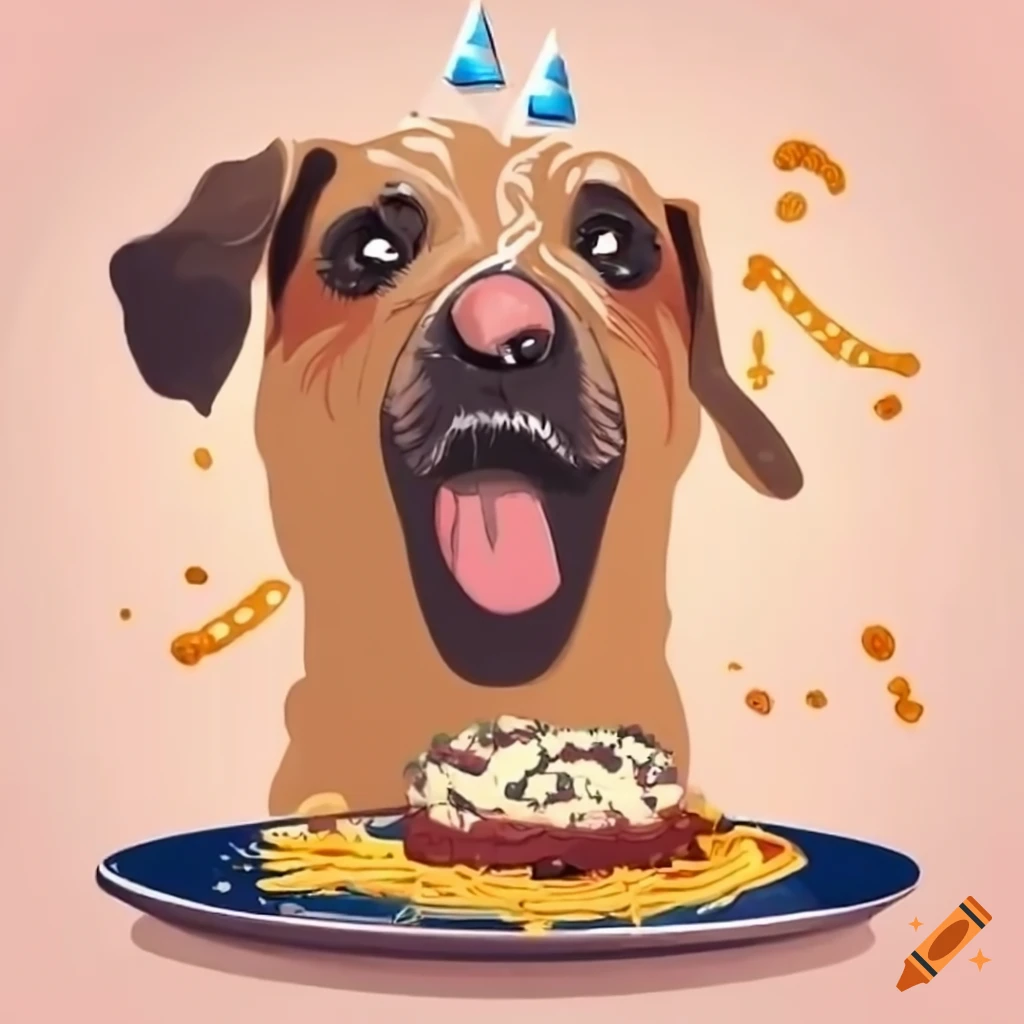 Dog enjoying spaghetti and milk on a birthday celebration on Craiyon