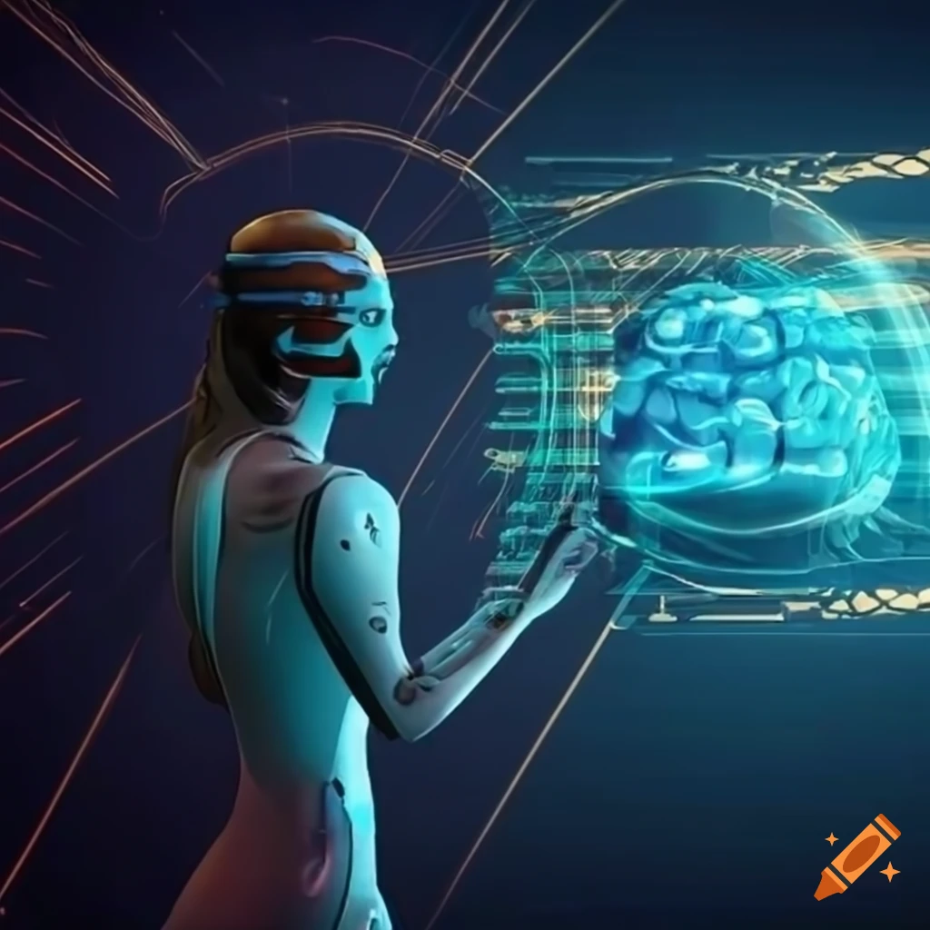 Futuristic data transfer into a glowing ai brain on Craiyon