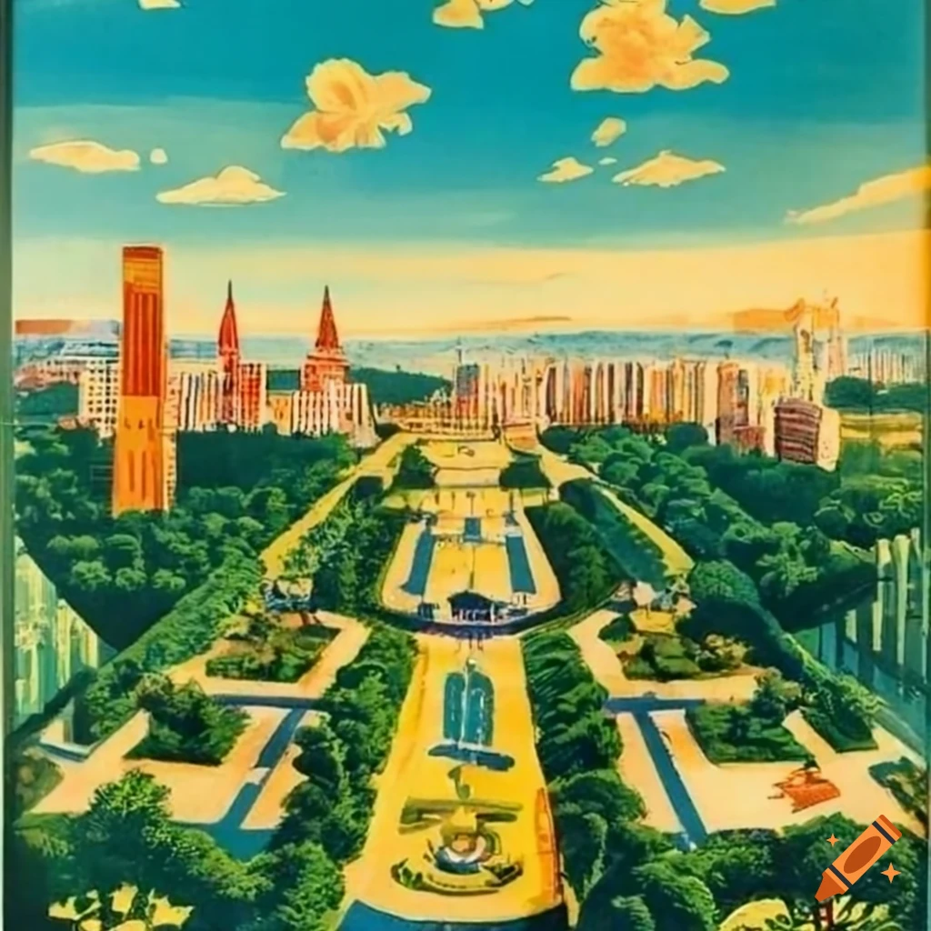 Bird's eye view of a city park in a vintage travel poster on Craiyon