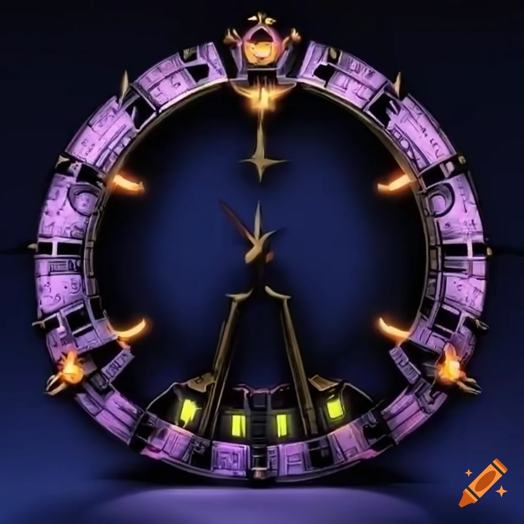 Stargate-themed clock in animated logo style on Craiyon
