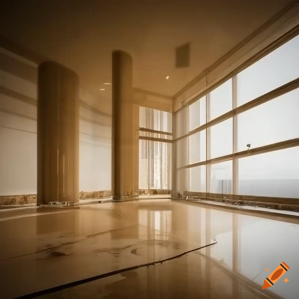 Abandoned modern lobby with sheer curtains overlooking futuristic city ...