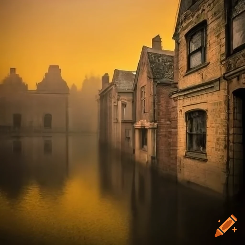 Abandoned victorian buildings sinking into water in foggy sunset on Craiyon