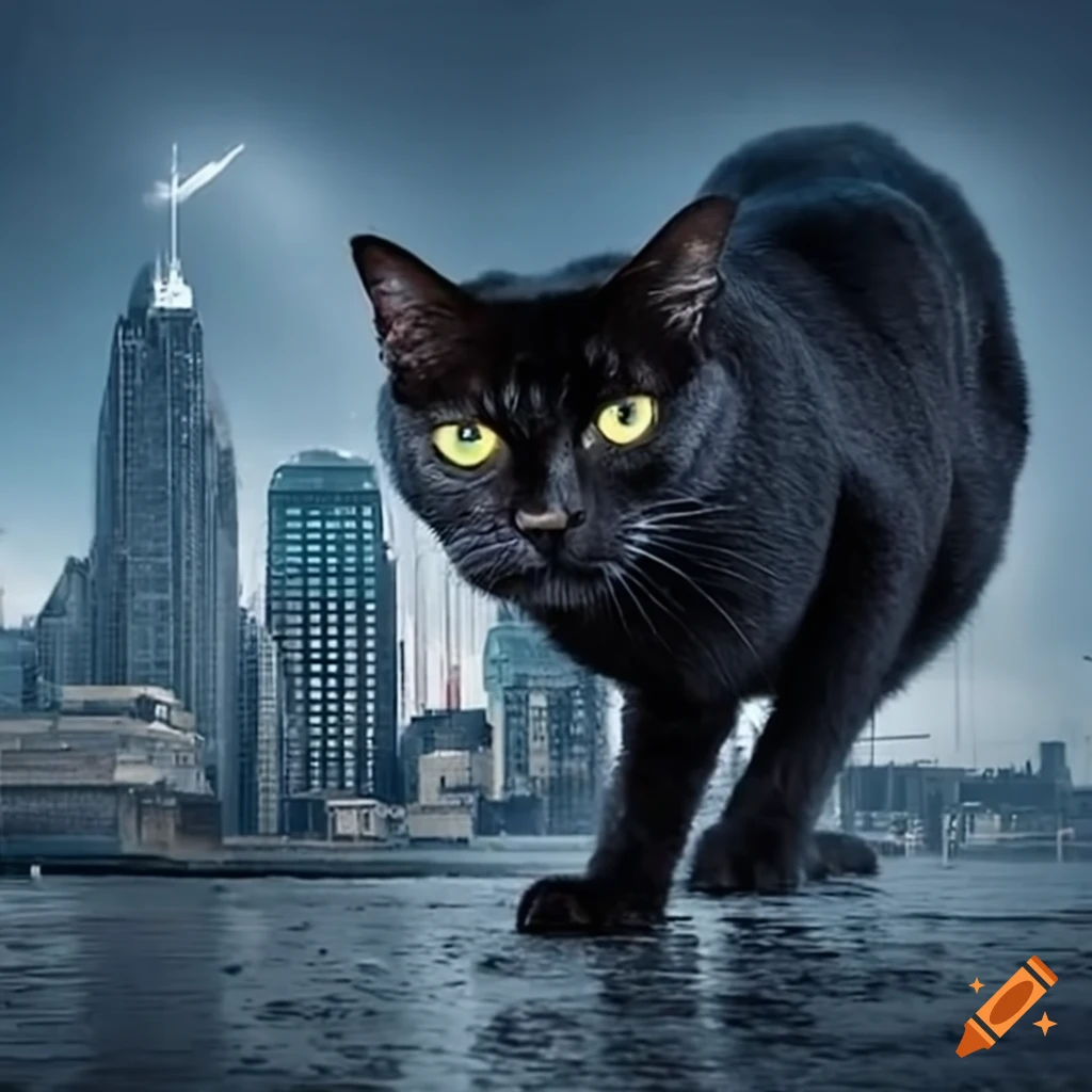 Giant black cat causing destruction in a city on Craiyon