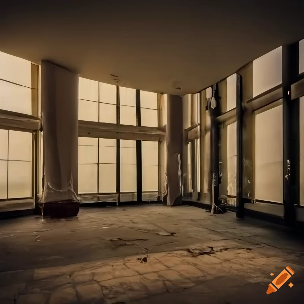 Abandoned modern lobby with sheer curtains overlooking a futuristic ...