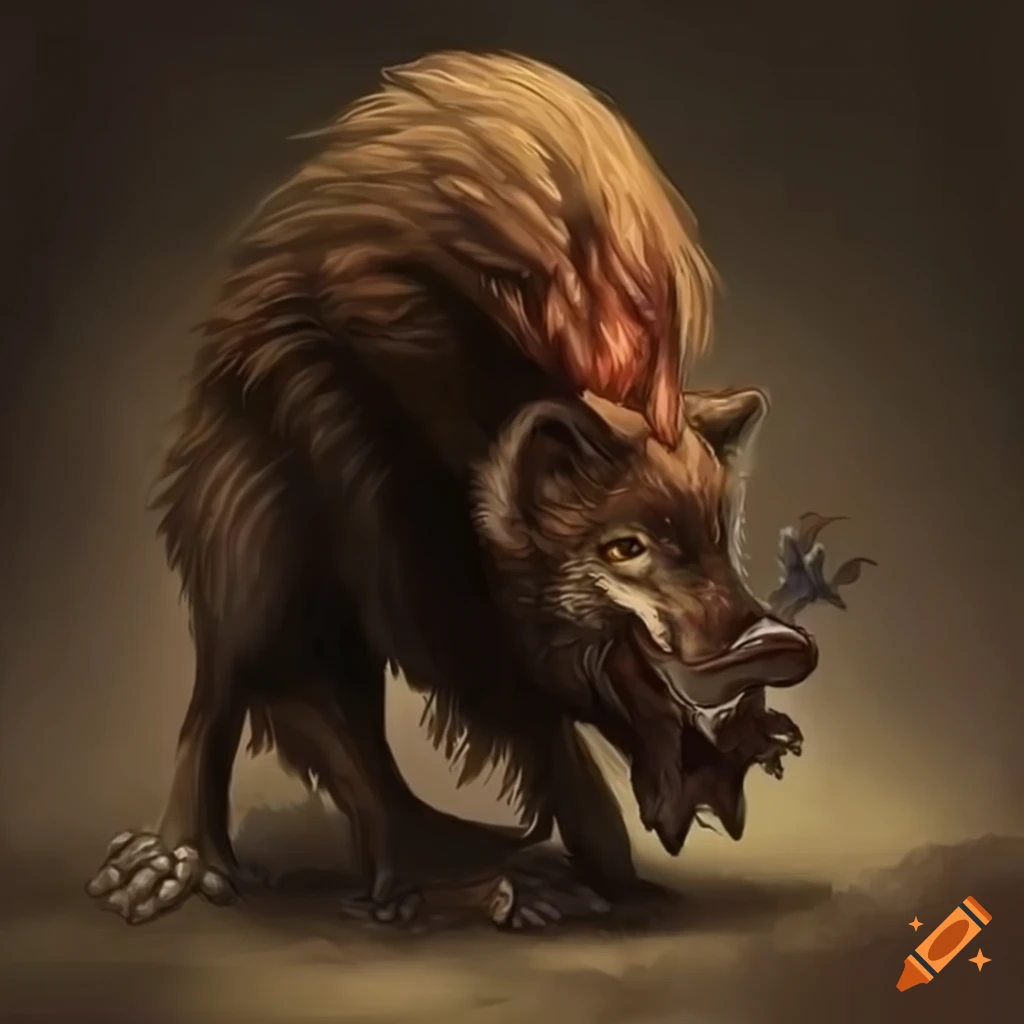 Hybrid wolf-boar creature with mushroom feet by french artist on Craiyon