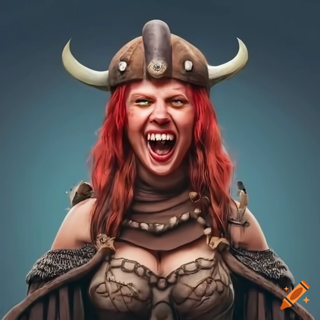 Red head viking woman warrior with mountain background on Craiyon