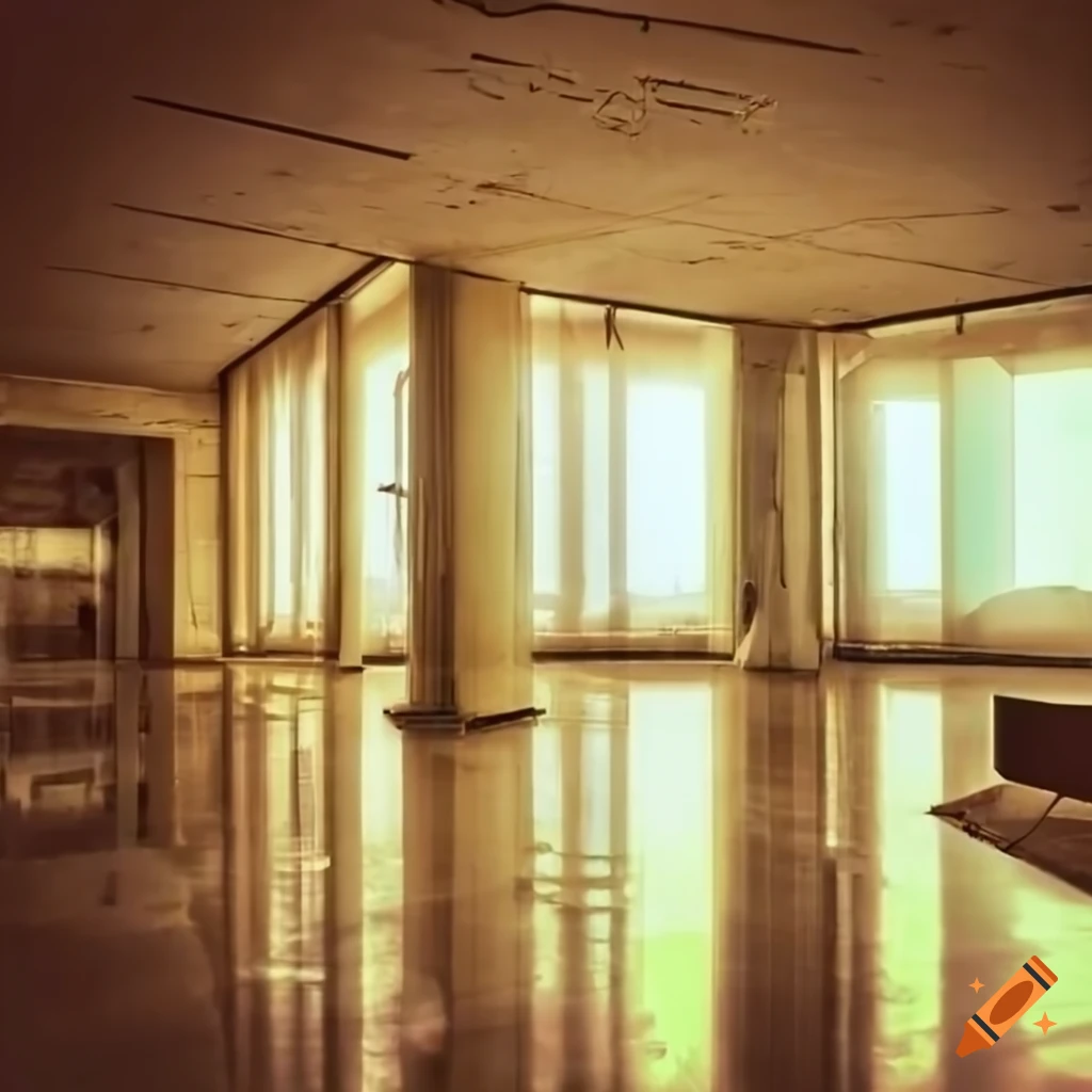 Abandoned modern lobby with sheer curtains overlooking futuristic city ...