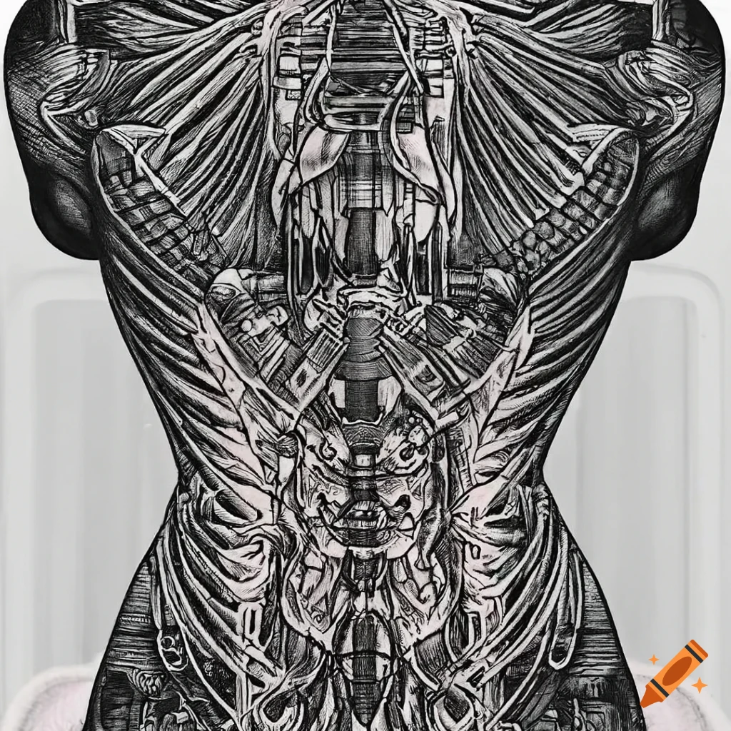 Symmetrical back spine tattoo design of wires, tubes, and power lines ...