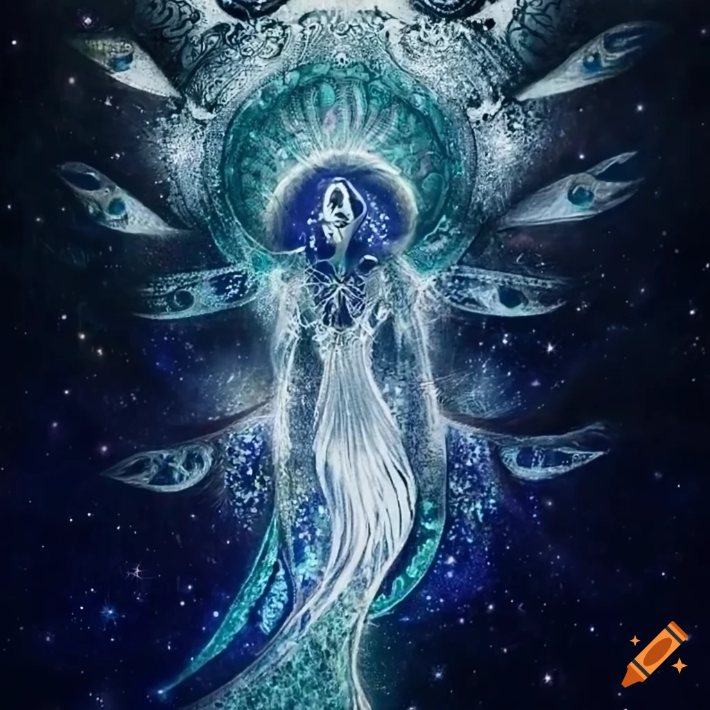 Portrait of a goddess singing into existence with a splendid blue ...